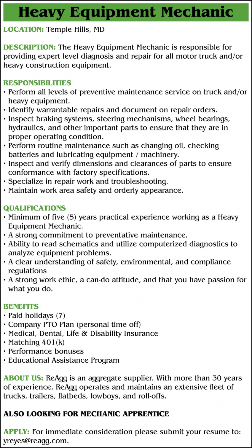Heavy Equipment Mechanic Contract Jobs Heavy Duty Equipment Technician